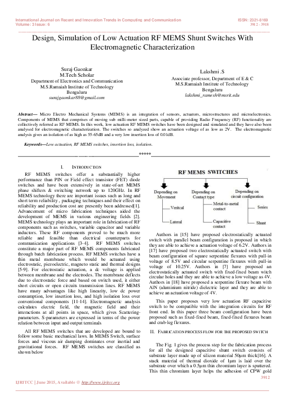 Pdf Design Simulation Of Low Actuation Rf Mems Shunt Switches With Electromagnetic