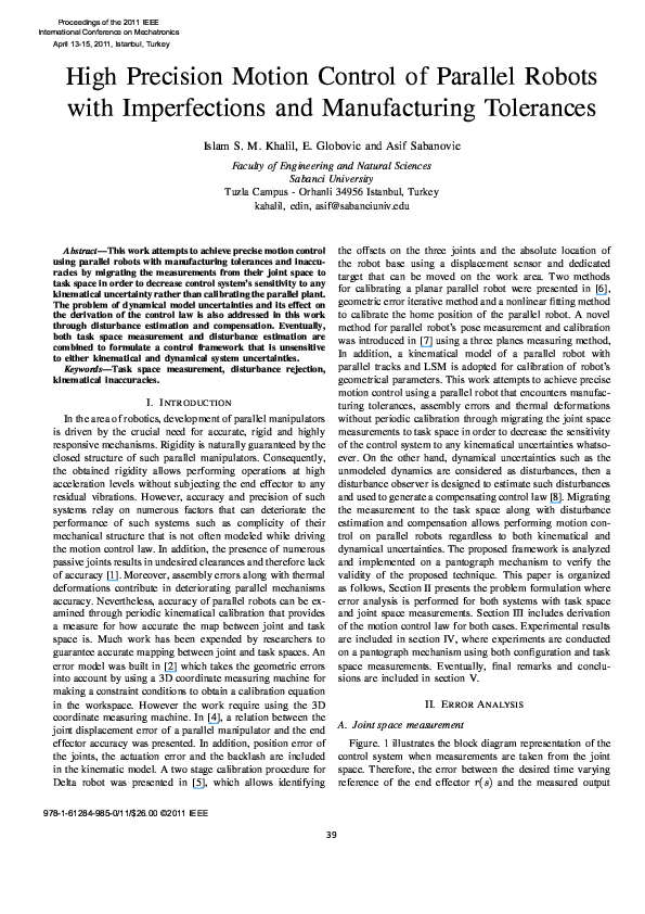 (PDF) High precision motion control of parallel robots with imperfections and manufacturing ...