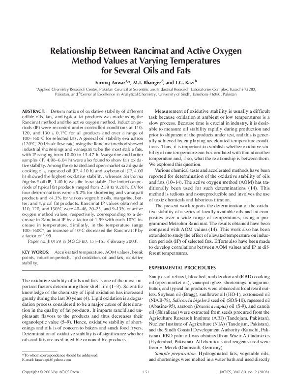 (PDF) Relationship between rancimat and active oxygen method values at ...
