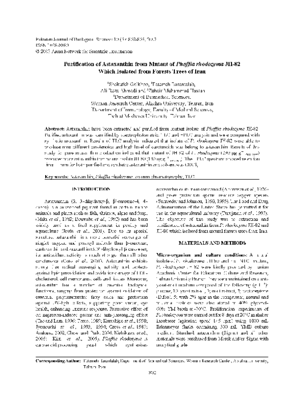 (PDF) Purification of Astaxanthin from Mutant of Phaffia rhodozyma JH-82 Which Isolated from ...