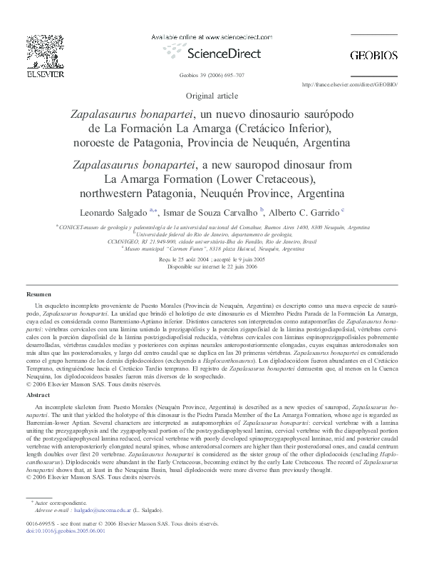 (PDF) Zapalasaurus bonapartei, un nuevo dinosaurio saurópodo de La ...
