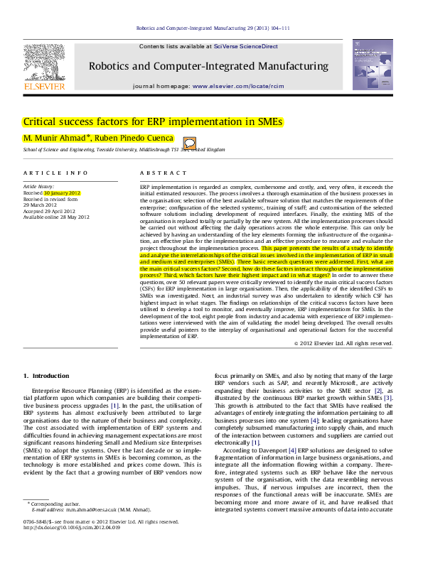Pdf Critical Success Factors For Erp Implementation In Smes