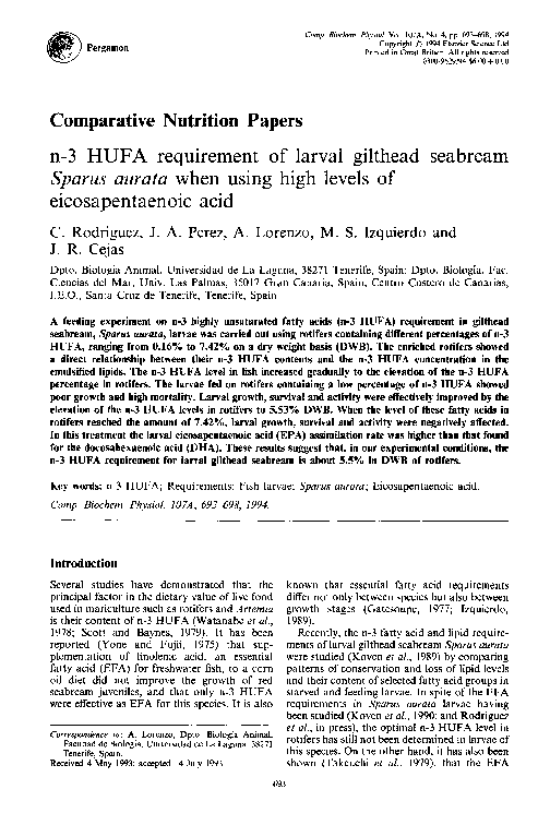 (PDF) n-3 HUFA requirement of larval gilthead seabream Sparus aurata when using high levels of ...