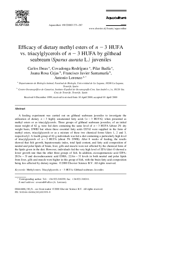 (PDF) Efficacy of dietary methyl esters of n−3 HUFA vs. triacylglycerols of n−3 HUFA by gilthead ...
