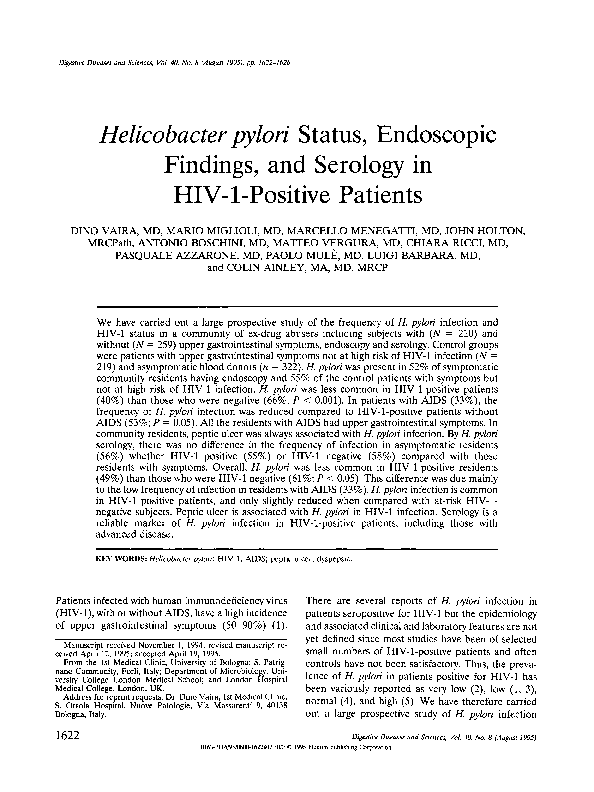 (PDF) Helicobacter pylori status, endoscopic findings, and serology in HIV1-positive patients