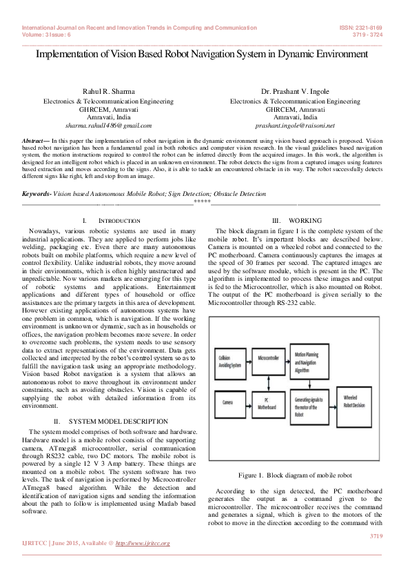 Pdf Implementation Of Vision Based Robot Navigation System In Dynamic Environment