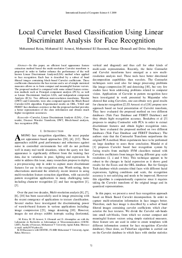 (PDF) Local curvelet based classification using linear discriminant analysis for face recognition