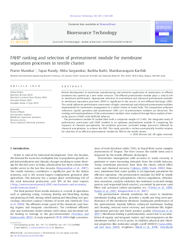 (PDF) FAHP ranking and selection of pretreatment module for membrane ...