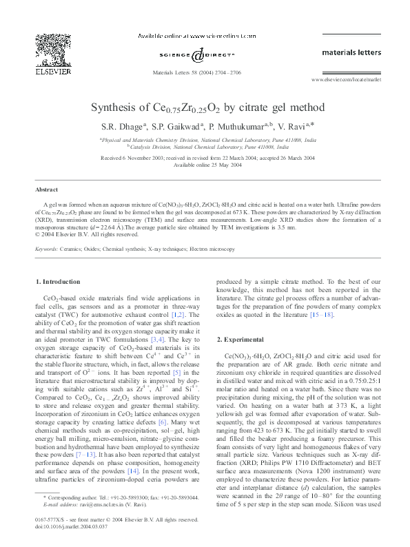 (PDF) Synthesis of CeZrO by citrate gel method