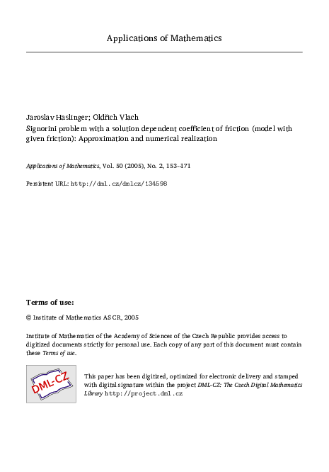 (PDF) Signorini problem with a solution dependent coefficient of friction (model with given ...