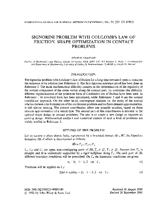 (PDF) Signorini problem with Coulomb's law of friction. Shape optimization in contact problems
