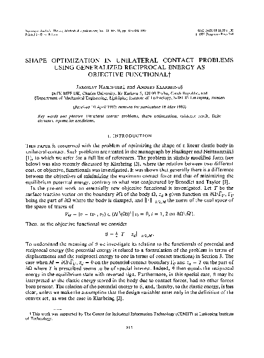 (PDF) Shape optimization in unilateral contact problems using generalized reciprocal energy as ...