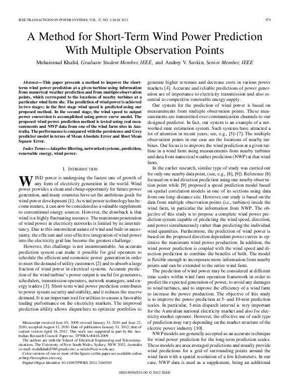 (PDF) A Method for Short-Term Wind Power Prediction With Multiple ...