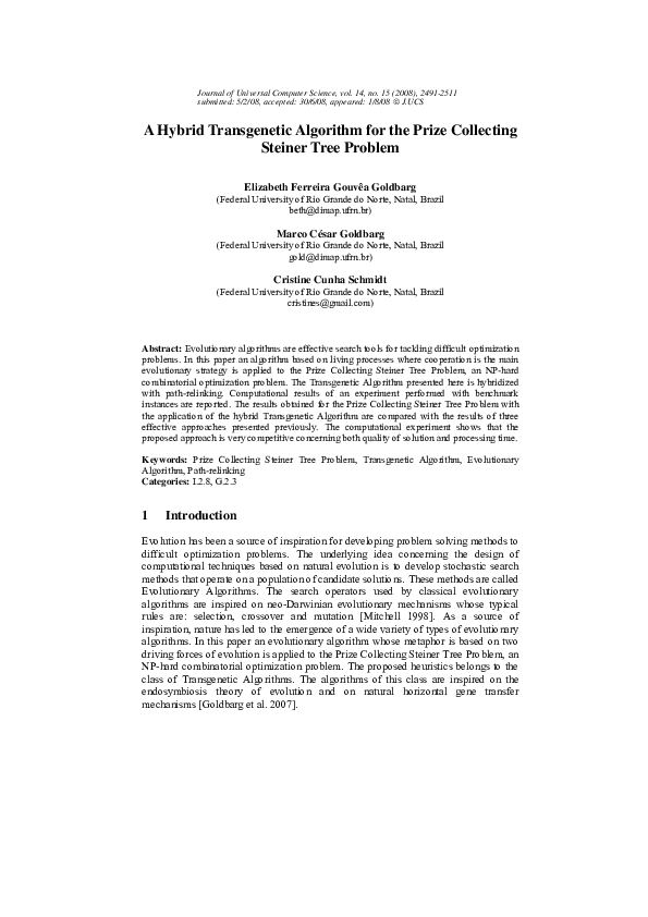 Pdf A Hybrid Transgenetic Algorithm For The Prize Collecting Steiner Tree Problem