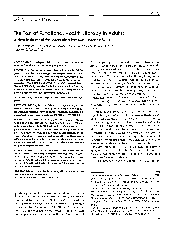 (PDF) The test of functional health literacy in adults