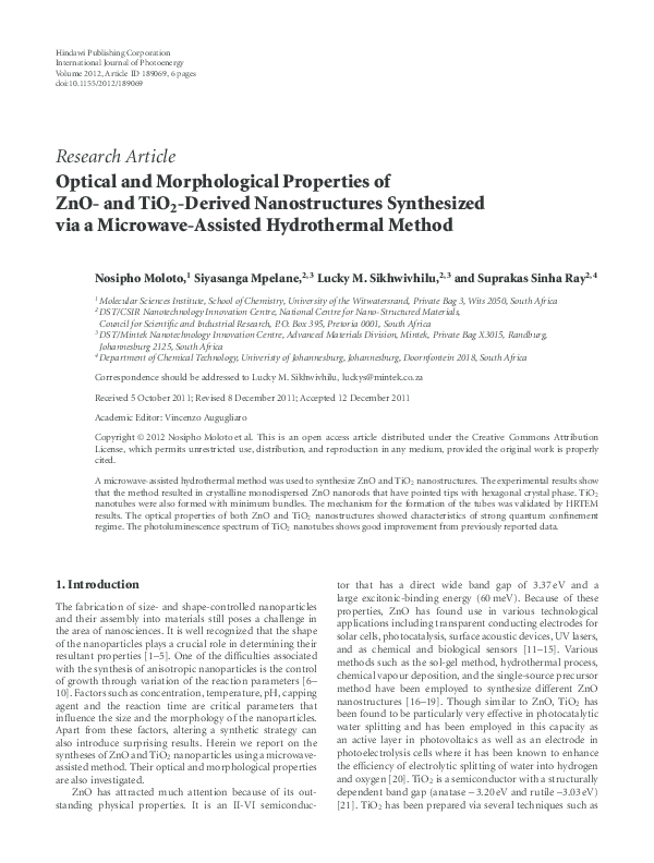 (PDF) Optical and Morphological Properties of ZnO- and TiO2-Derived ...
