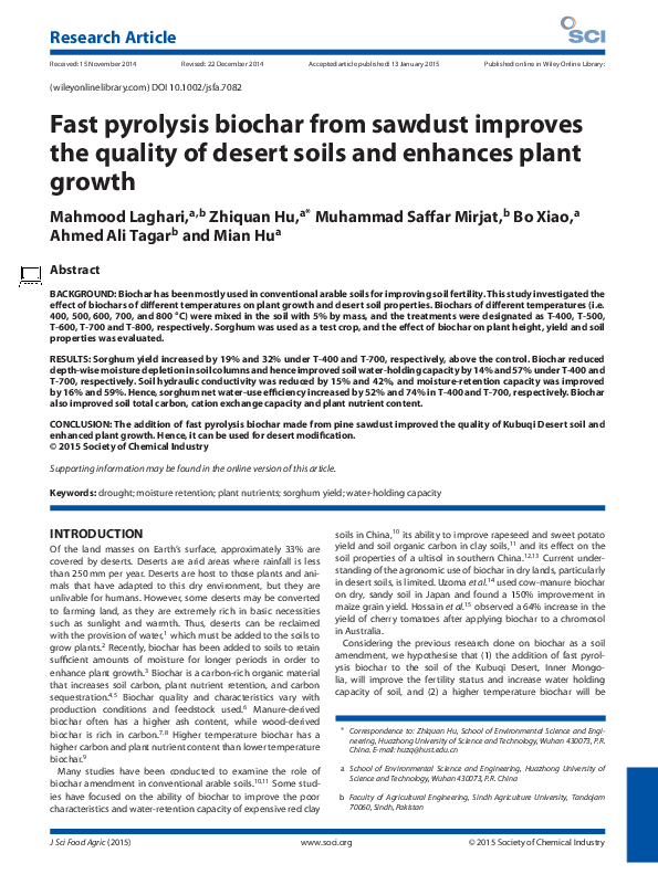 (PDF) Fast pyrolysis biochar from sawdust improves quality of desert ...