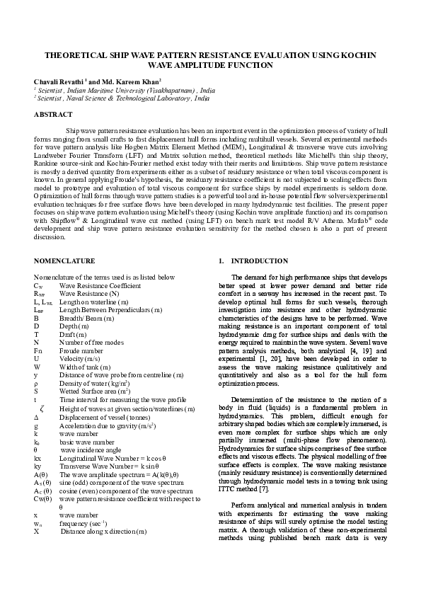 Doc Theoretical Ship Wave Pattern Resistance Evaluation Using Kochin