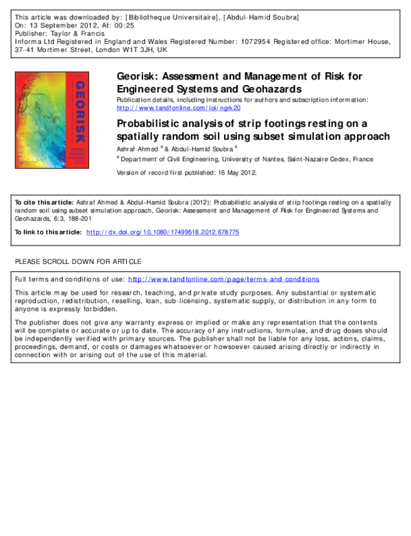 (PDF) Probabilistic analysis of strip footings resting on a spatially random soil using subset ...