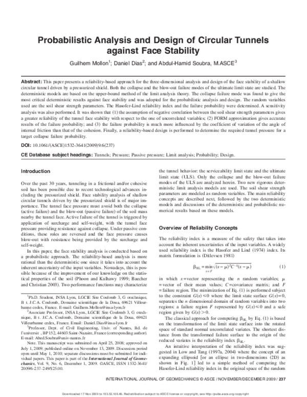 (PDF) Probabilistic Analysis and Design of Circular Tunnels against Face Stability