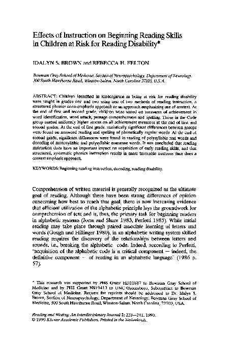(PDF) Effects of instruction on beginning reading skills in children at ...