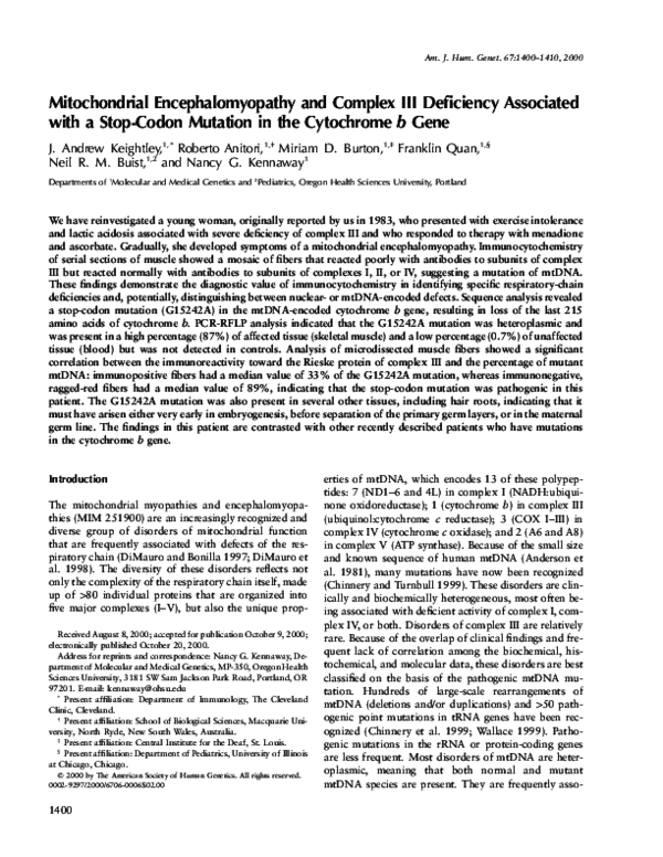(PDF) Mitochondrial Encephalomyopathy and Complex III Deficiency ...