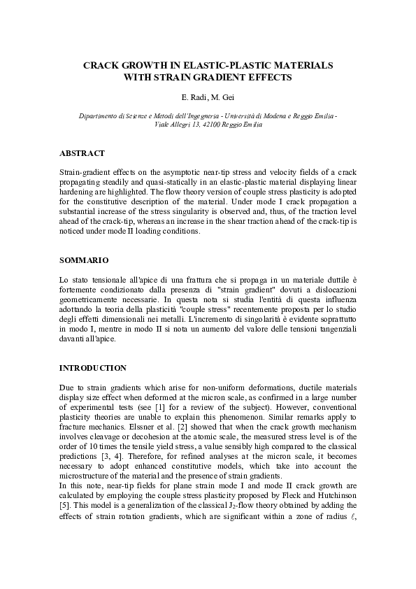 (PDF) Crack Growth in Elastic-Plastic Materials with Strain Gradient Effects | enrico radi and ...