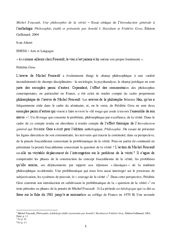 (PDF) Michel Foucault, Une philosophie de la vérité – Essai critique de ...