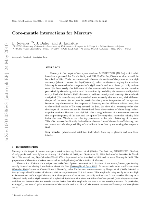 (PDF) Core-mantle interactions for Mercury