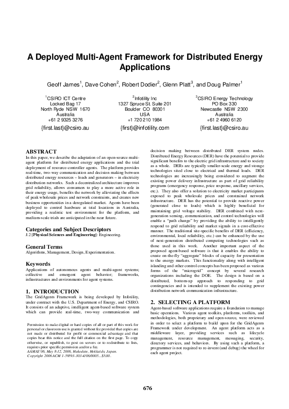 Pdf A Deployed Multi Agent Framework For Distributed Energy Applications