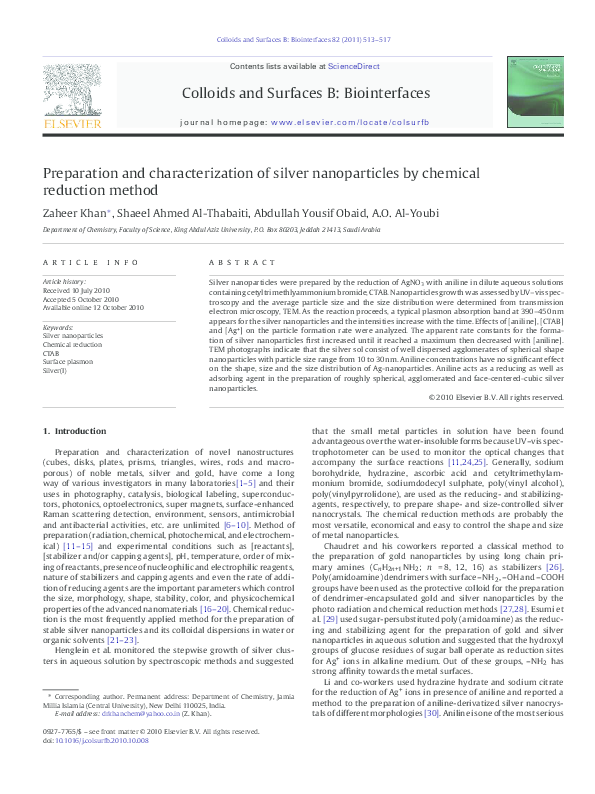 (PDF) Preparation and characterization of silver nanoparticles by chemical reduction method