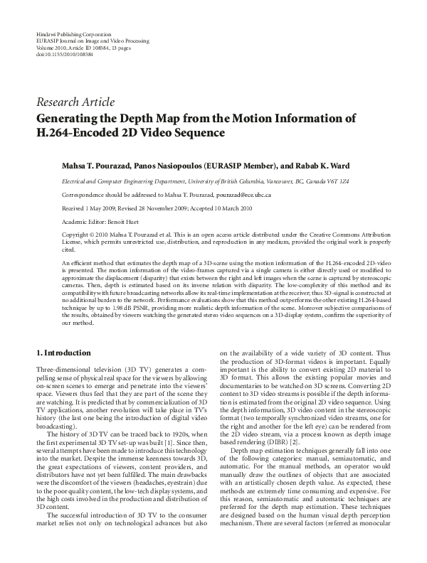 Pdf Generating The Depth Map From The Motion Information Of H264 Encoded 2d Video Sequence 6019