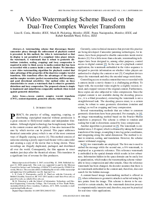 (PDF) A Video Watermarking Scheme Based on the Dual-Tree Complex Wavelet Transform