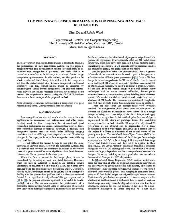 Pdf Component Wise Pose Normalization For Pose Invariant Face Recognition Rabab Ward