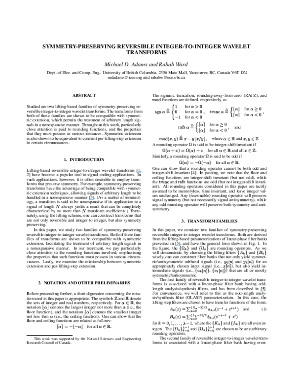 (PDF) Symmetry-preserving reversible integer-to-integer wavelet transforms