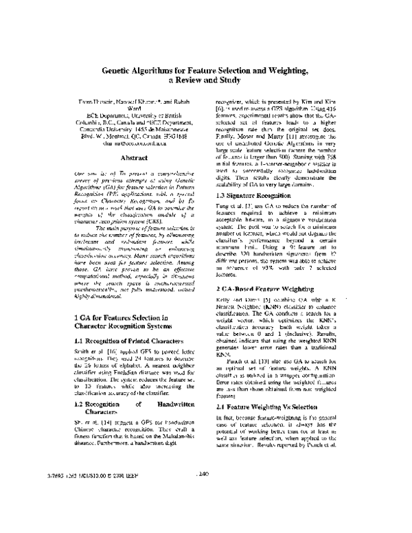 (PDF) Genetic algorithms for feature selection and weighting, a review and study
