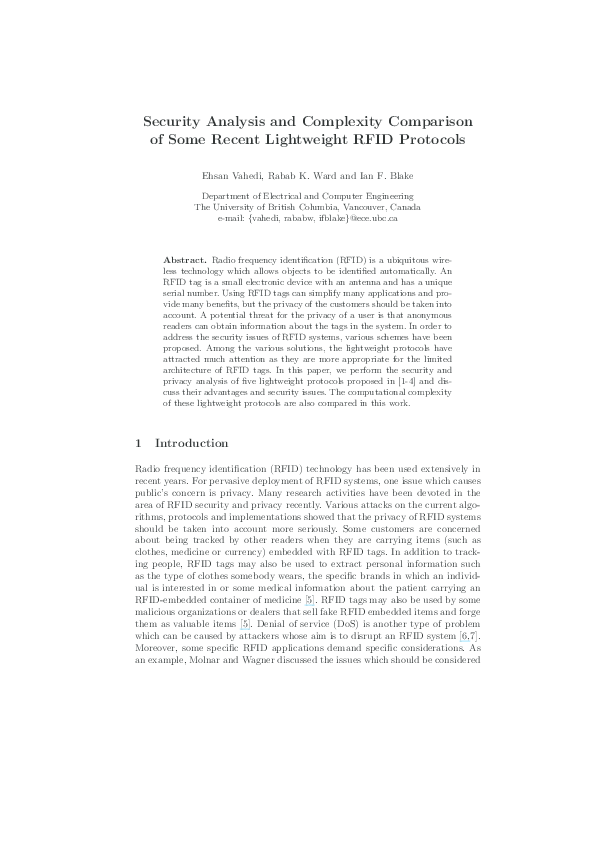 Pdf Security Analysis And Complexity Comparison Of Some Recent Lightweight Rfid Protocols