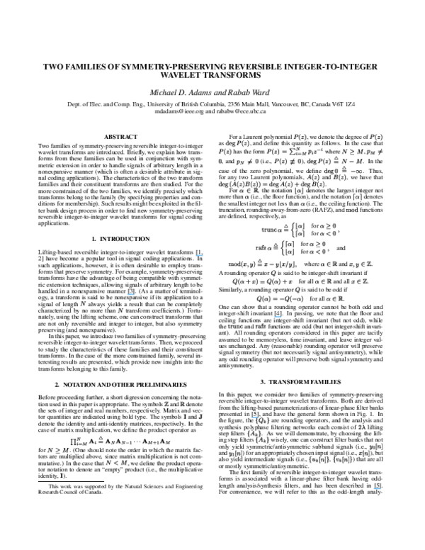 Pdf Two Families Of Symmetry Preserving Reversible Integer To Integer Wavelet Transforms