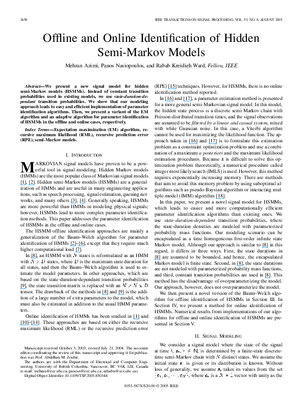 (PDF) Offline and online identification of hidden semi-Markov models