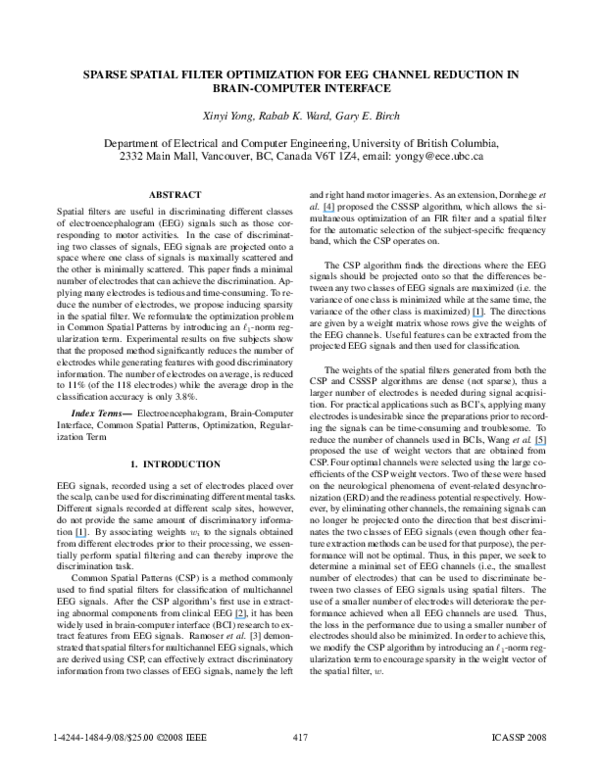 (PDF) Sparse spatial filter optimization for EEG channel reduction in brain-computer interface