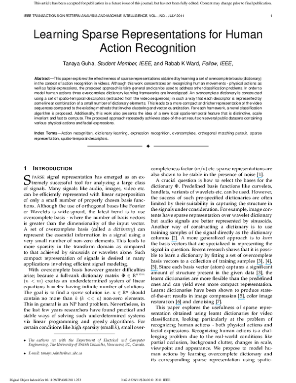 (PDF) Learning Sparse Representations for Human Action Recognition