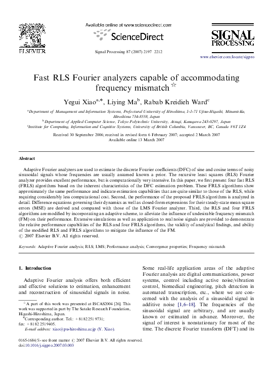 (PDF) Fast RLS Fourier analyzers capable of accommodating frequency mismatch