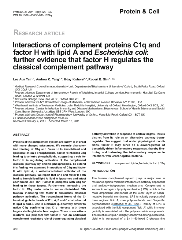 (PDF) Interactions of complement proteins C1q and factor H with lipid A ...