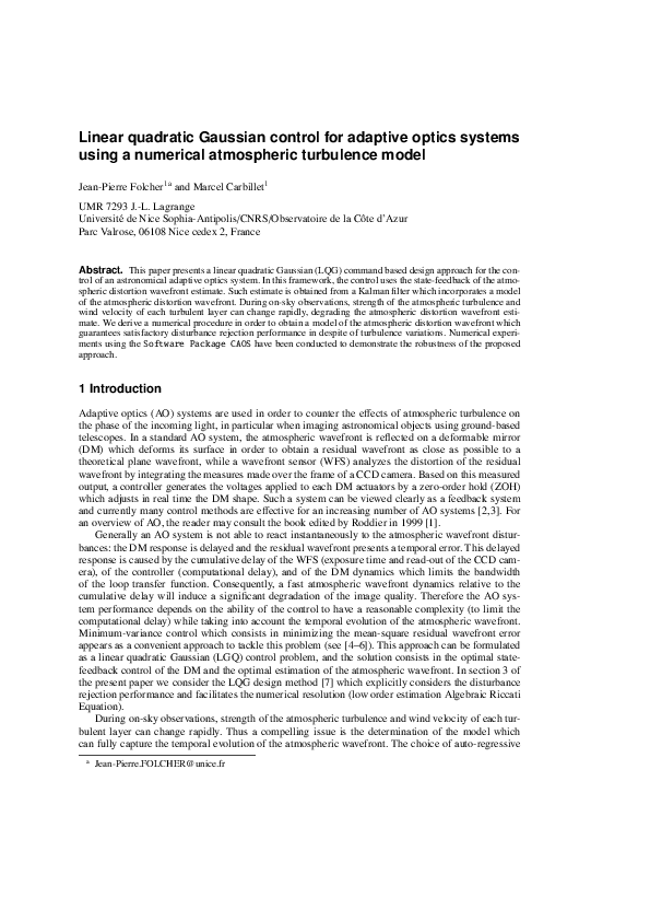 Pdf Linear Quadratic Gaussian Control For Adaptive Optics Systems Using A Hybrid Model
