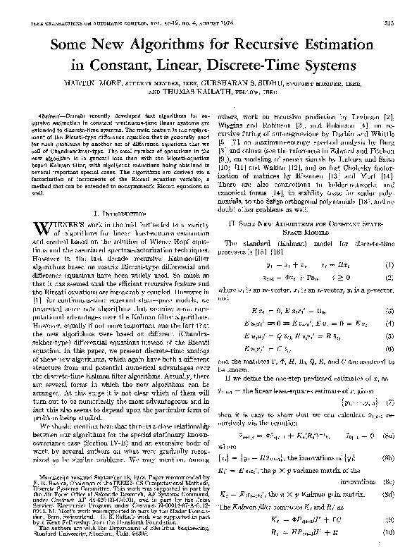 Pdf Some New Algorithms For Recursive Estimation In Constant Linear