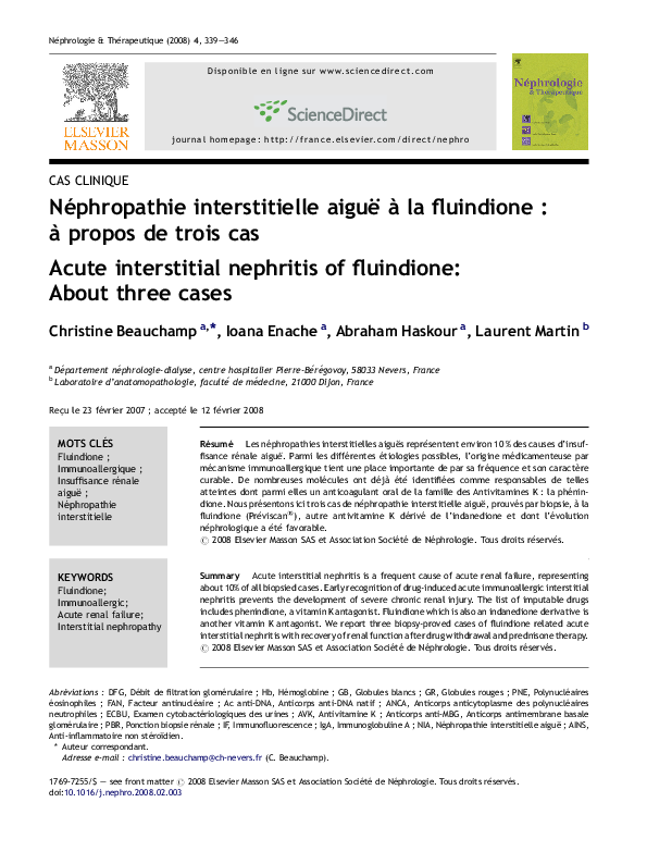 (PDF) Néphropathie interstitielle aiguë à la fluindione : à propos de ...