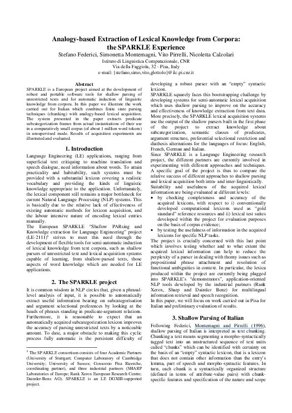 Pdf Analogy Based Extraction Of Lexical Knowledge From Corpora The Sparkle Experience