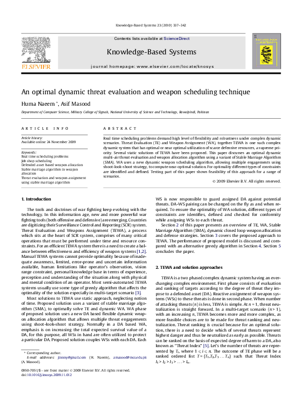 Pdf An Optimal Dynamic Threat Evaluation And Weapon Scheduling Technique