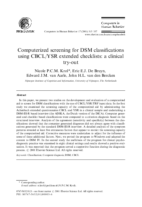 (PDF) Computerized screening for DSM classifications using CBCL/YSR ...