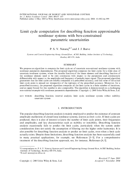 Pdf Limit Cycle Computation For Describing Function Approximable Nonlinear Systems With Box